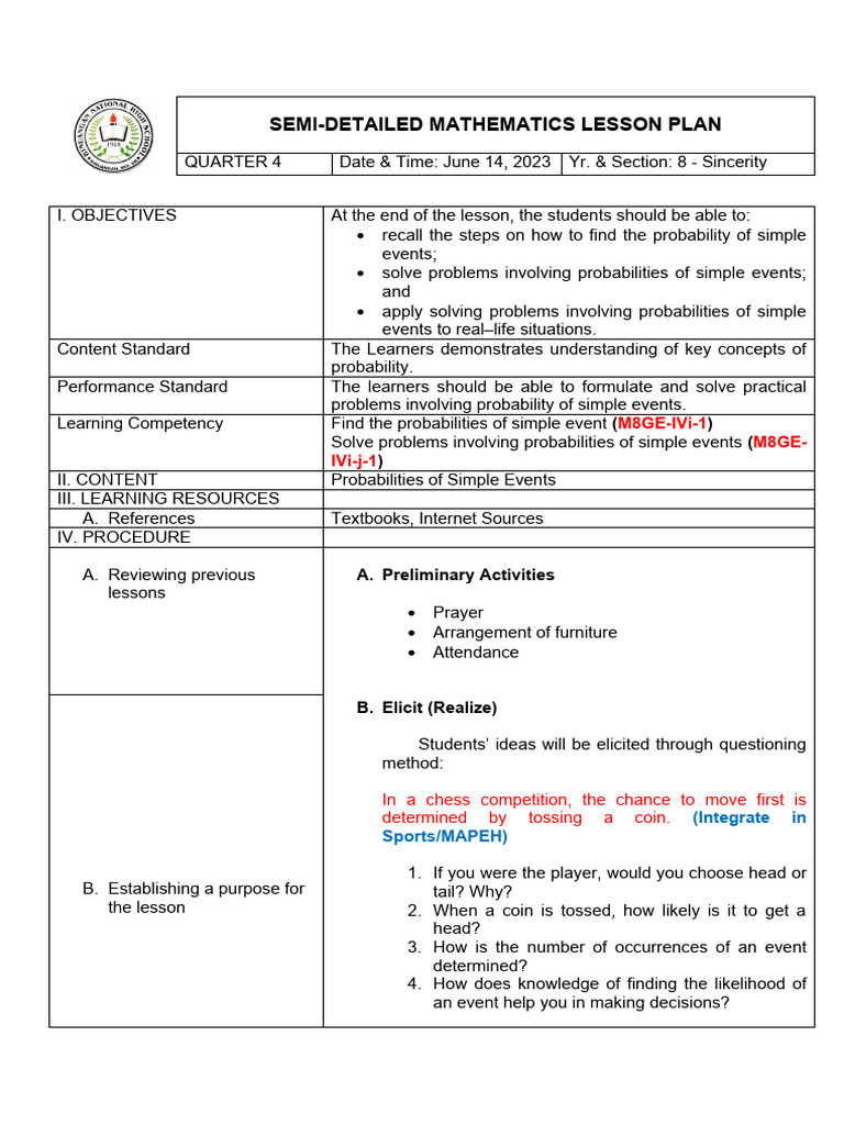 LESSON PLAN G8 - Probability | PDF | Probability | Cognitive Science