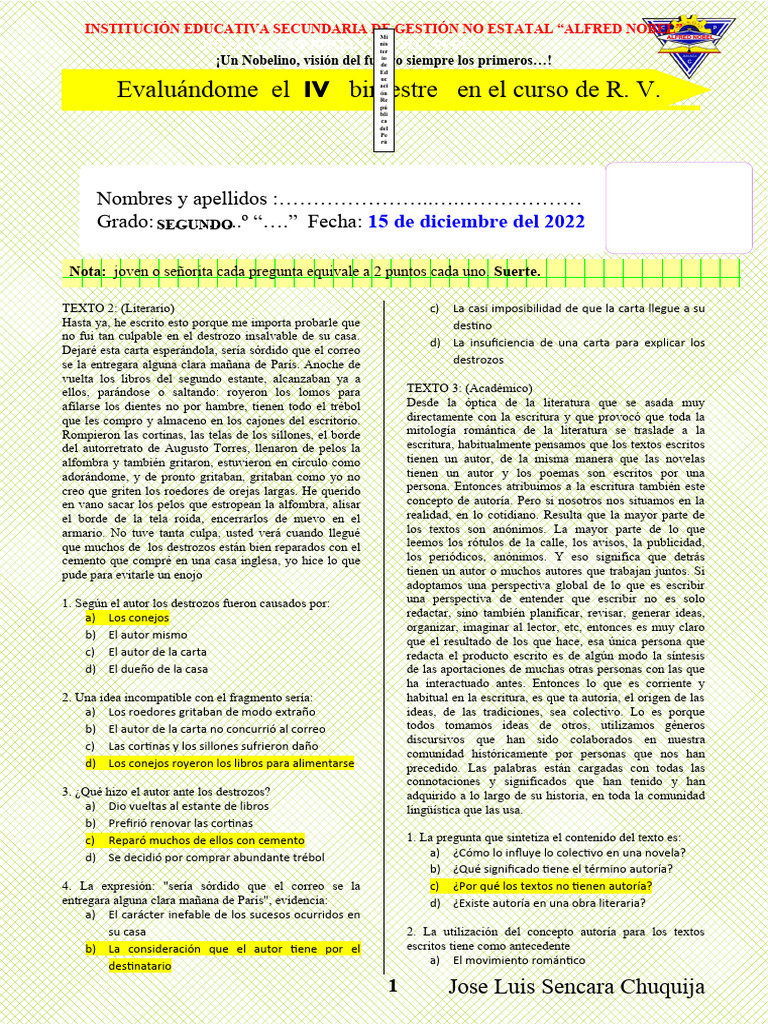 Examen Iv Bim - Segundo Grado - RV I | PDF | Amor | Moda