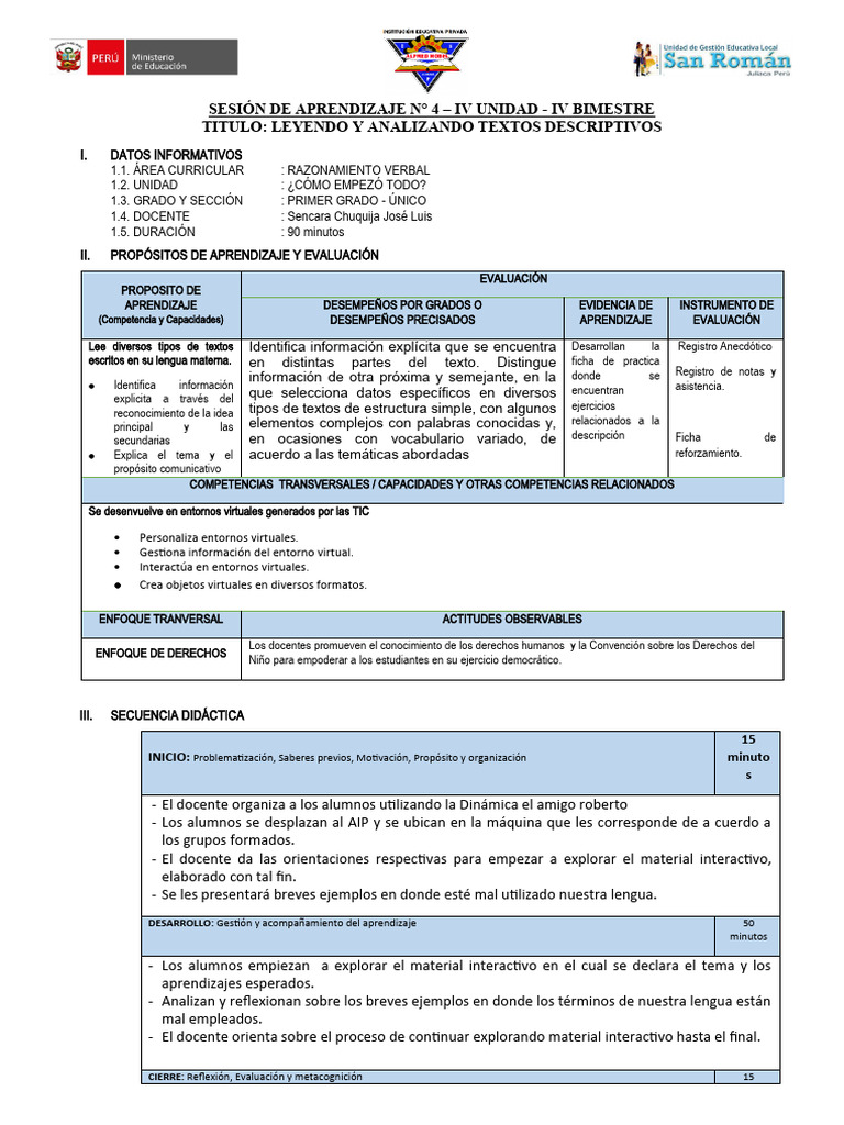 SESIONES DE APRENDIZAJE IV - IV BIM - ALFRED NOBEL SEMANA IV - IV BIMESTRE - RAZONAMIENTO VERBAL ...