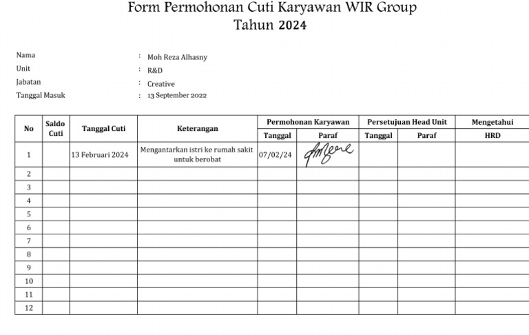 Form Cuti Tahunan WIR 2024 | PDF