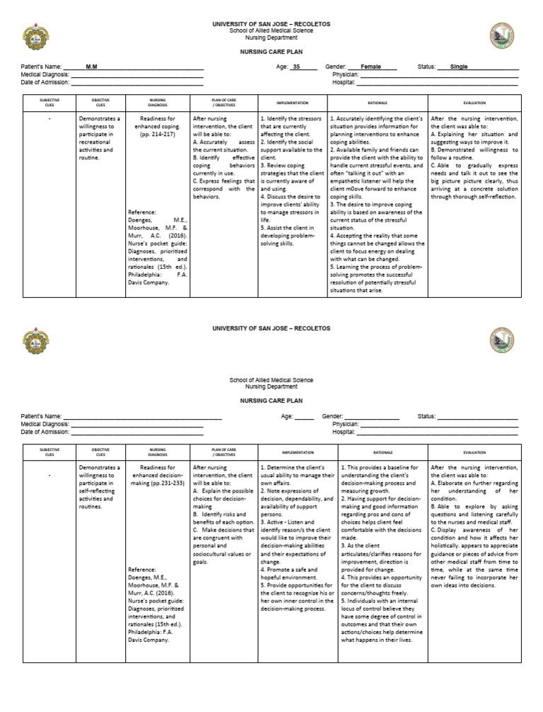 Nursing Care Plan Form | PDF | Nursing | Decision Making