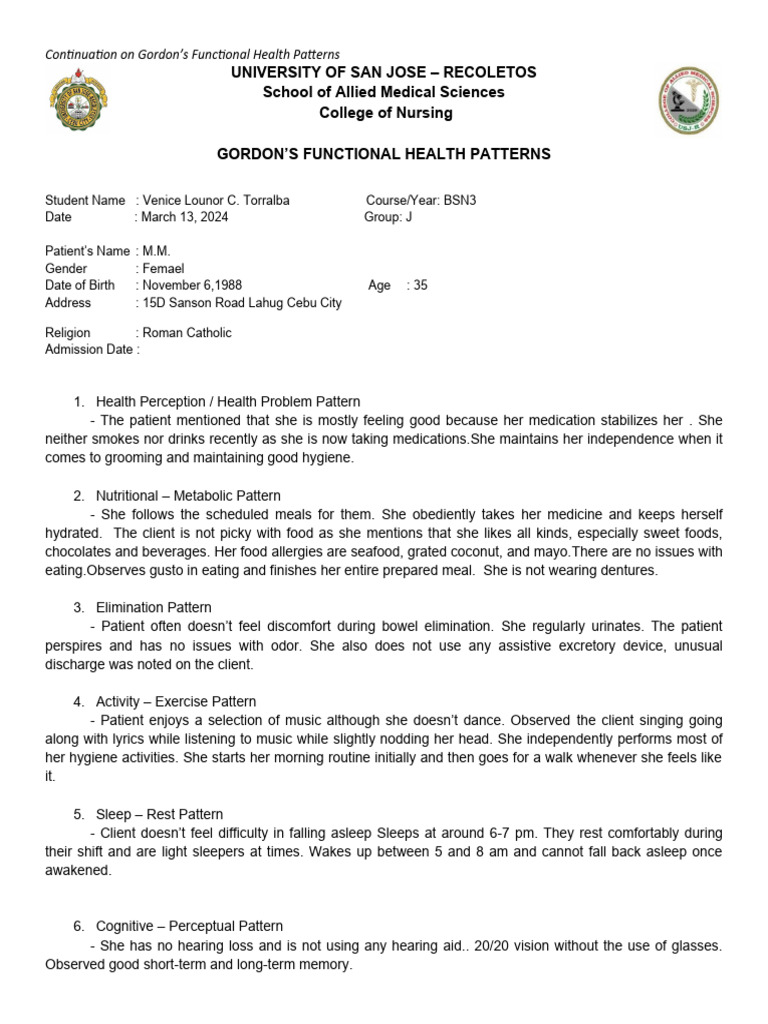 Gordons Functional Health Pattern Form | PDF | Sleep | Health Care