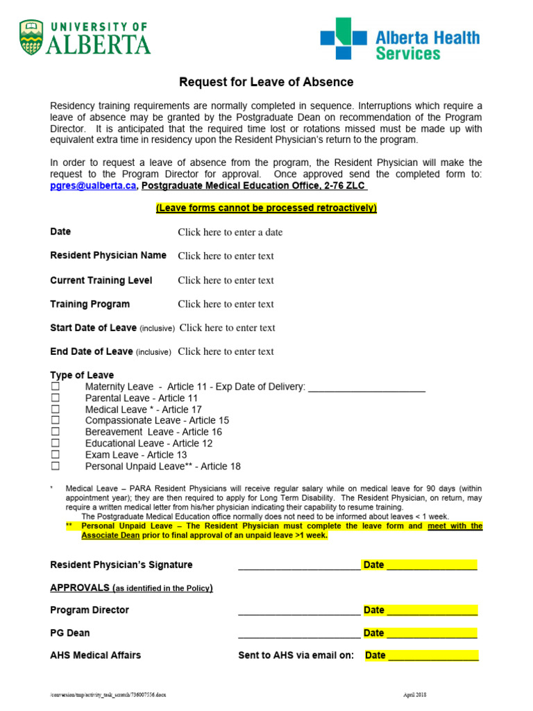 Pgme - Ahs Leave of Absence Form - 2018 | PDF | Residency (Medicine ...