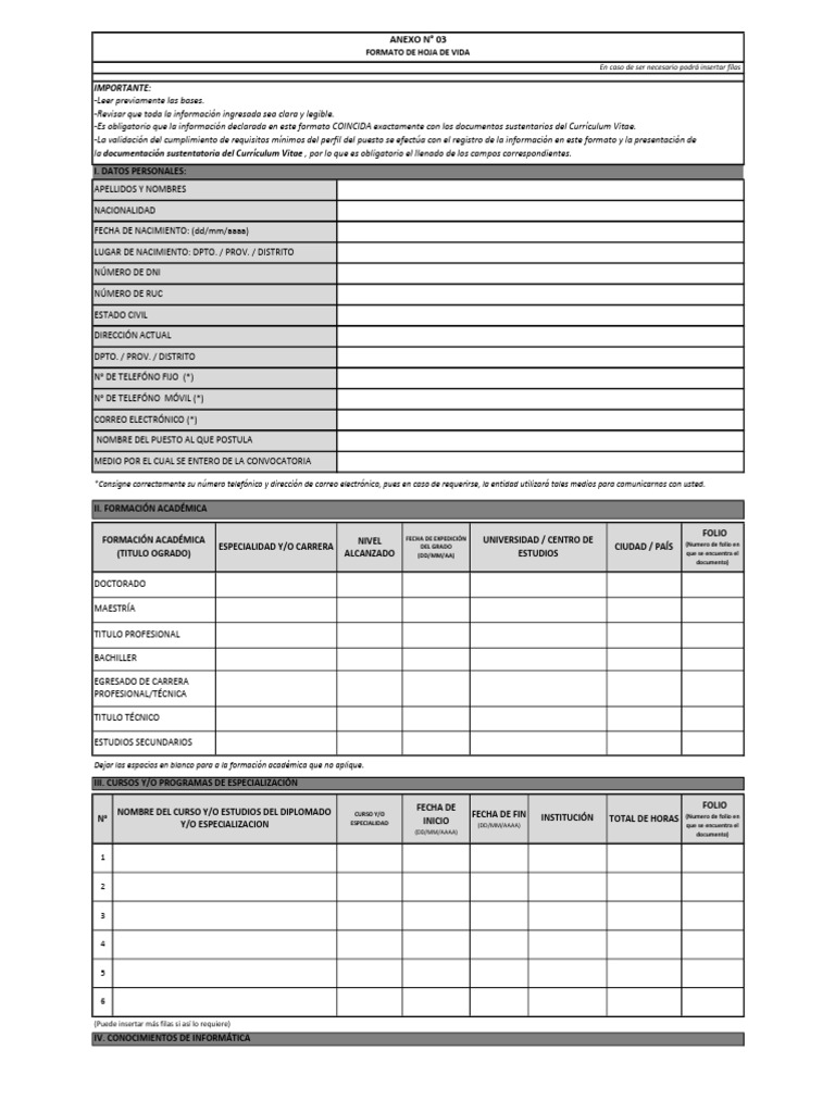 Anexo 03 Formato de Hoja de Vida | PDF | Documento de identidad