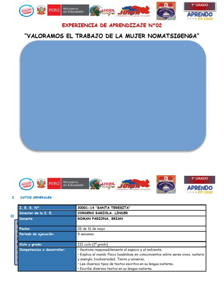 Experiencia de Aprendizaje N°02 (1° Grado) | PDF | Comunicación | Evaluación