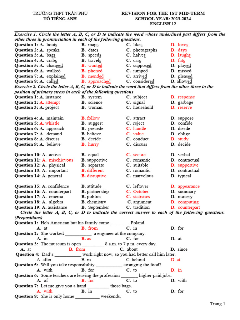On Tap Anh 12 KTGK 1 Handout | PDF | Romance (Love)