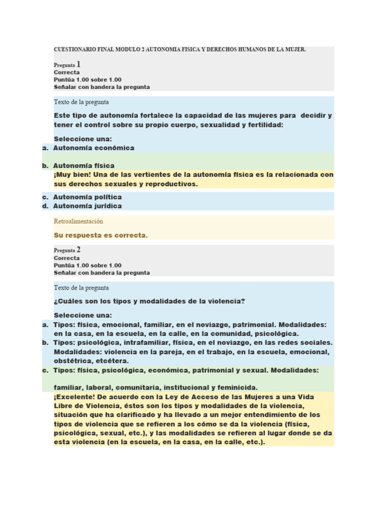 Cuestionario Final Modulo 2 Autonomia Fisica y Derechos Humanos de La Mujer | PDF | Violación ...