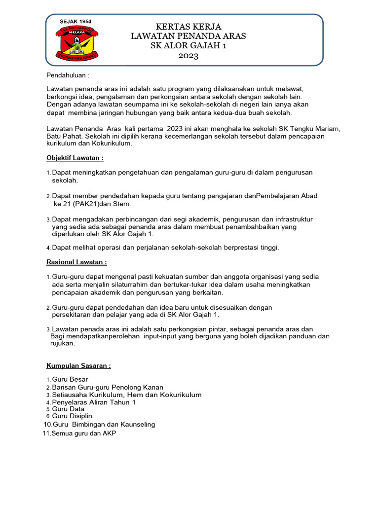kertas kerja lawatan penanda aras 2023 | PDF