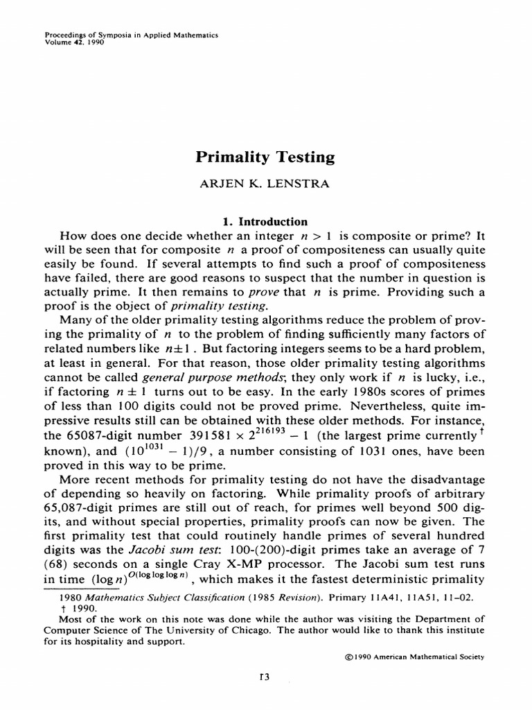 Primality Testing - Arjen K. Lenstra (1990) | PDF | Prime Number ...