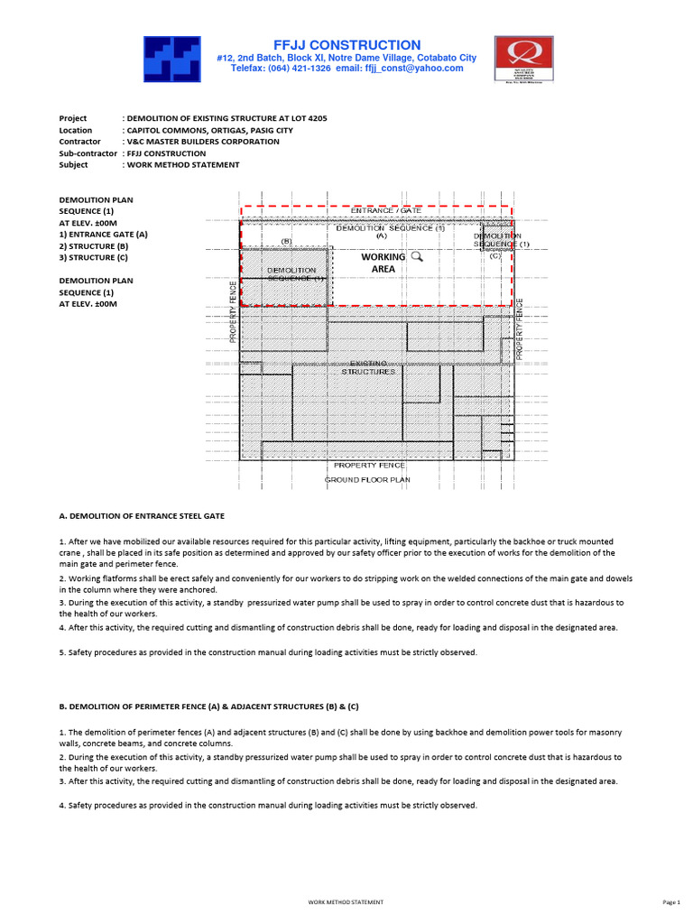 Demolition Method Statement Ortigas | PDF | Demolition | Concrete