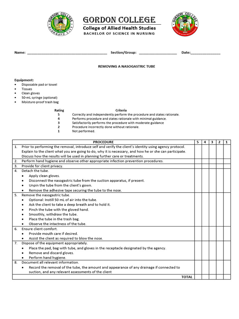 Checklist - Removing A Nasogastric Tube | PDF | Medicine | Clinical ...