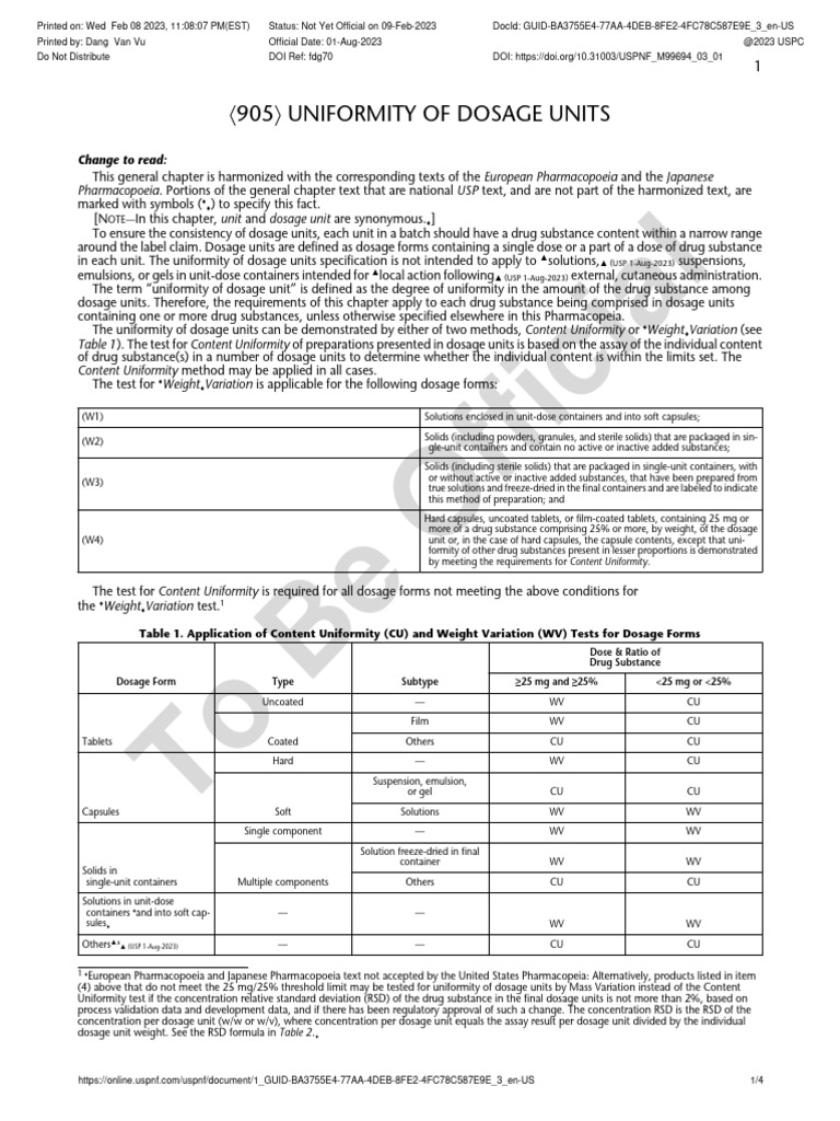 〈905〉 Uniformity of Dosage Units | PDF | Tablet (Pharmacy) | Dose ...