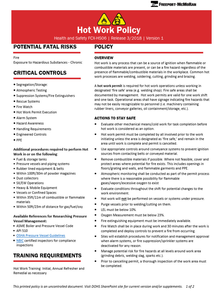 FCX-HS06 Hot Work Policy | Download Free PDF | Fires | Fire Safety