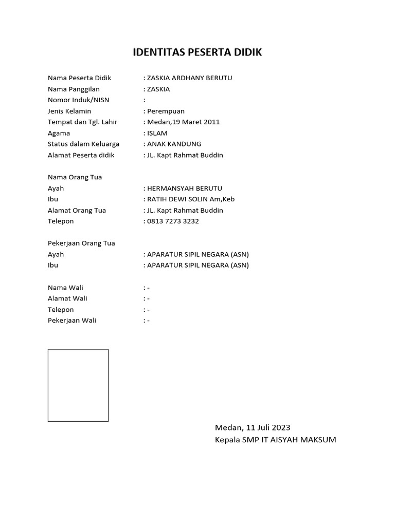 Identitas Peserta Didik 2023 | PDF