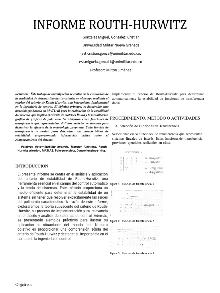 Informe Routh Hurwitz | PDF | Matriz (Matemáticas) | Diseño