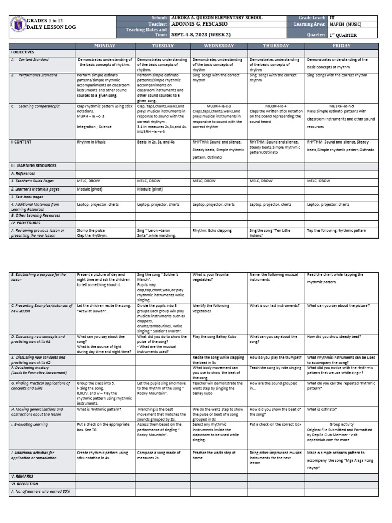 DLL Mapeh-3 Q1 W2 | PDF | Rhythm | Musicology