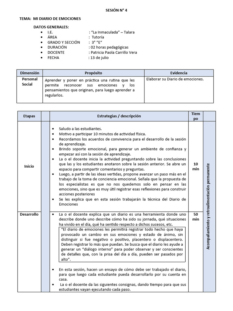 Sesion Diario de Emociones | PDF | Las emociones | Aprendizaje