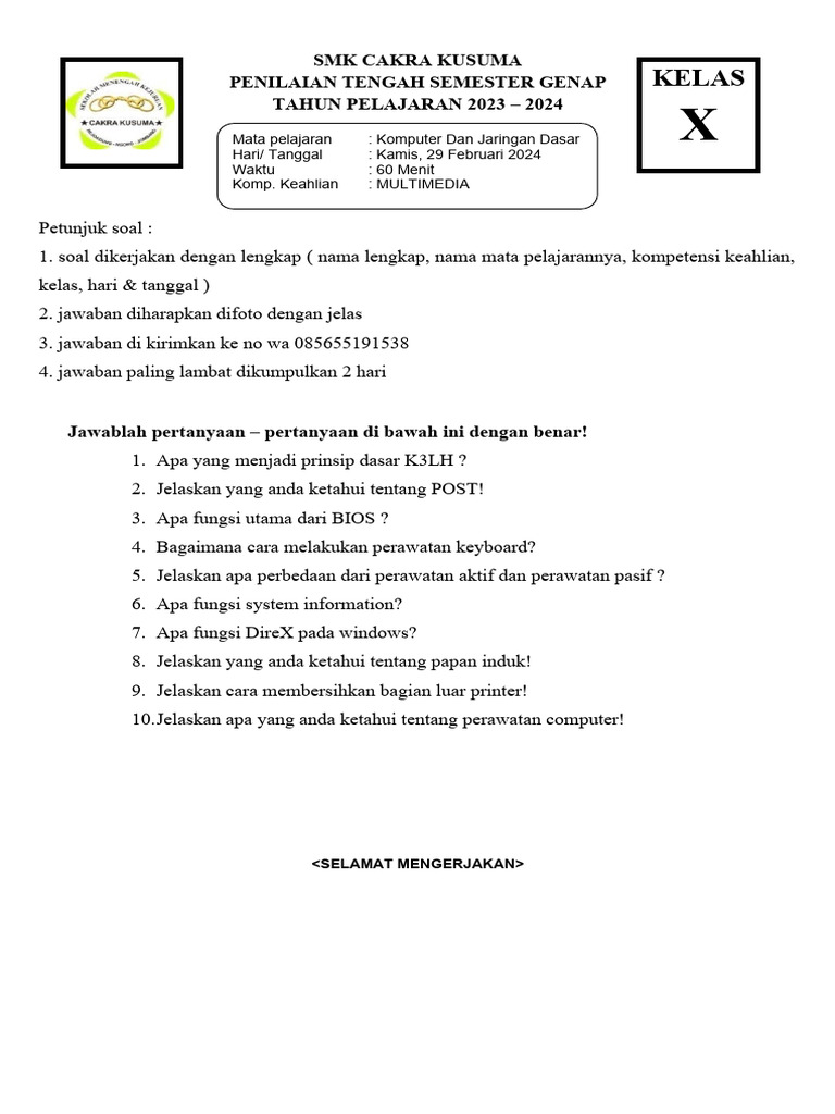 Soal PTS Genap Kelas X - Komputer Dan Jaringan Dasar - SMK Cakra Kusuma ...