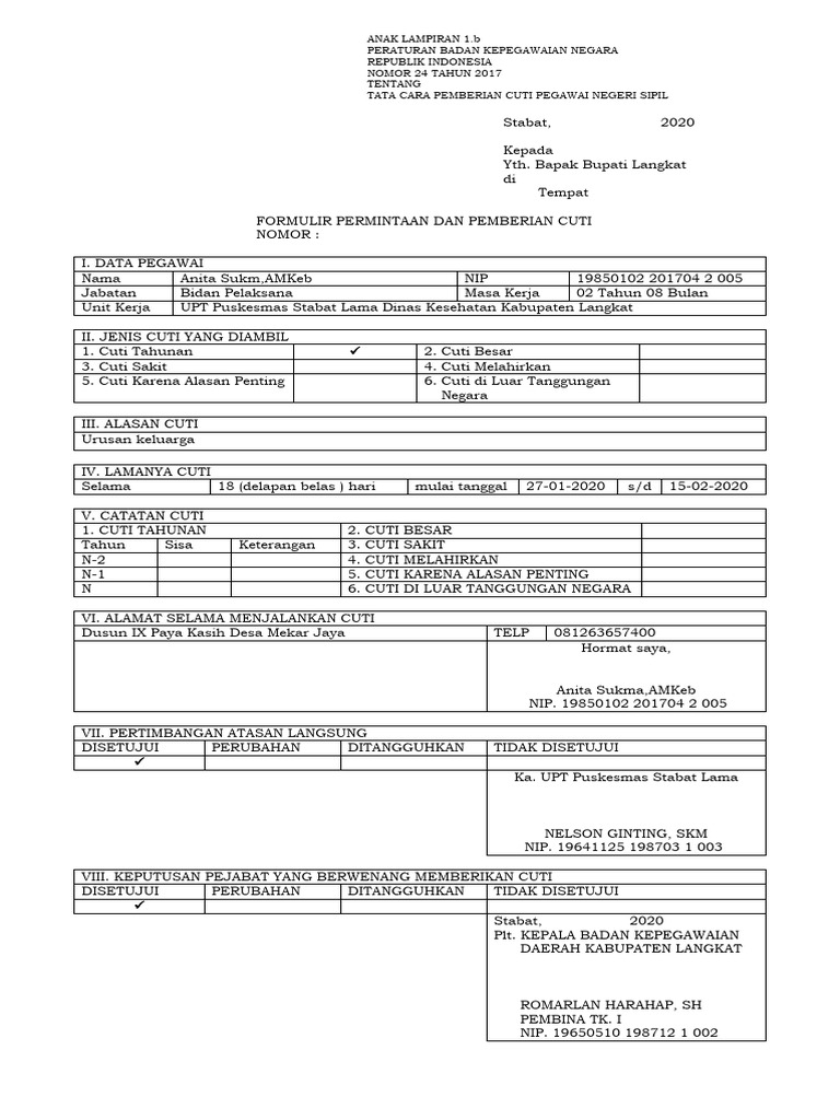Formulir Cuti PNS Langkat 2020-2021 | PDF