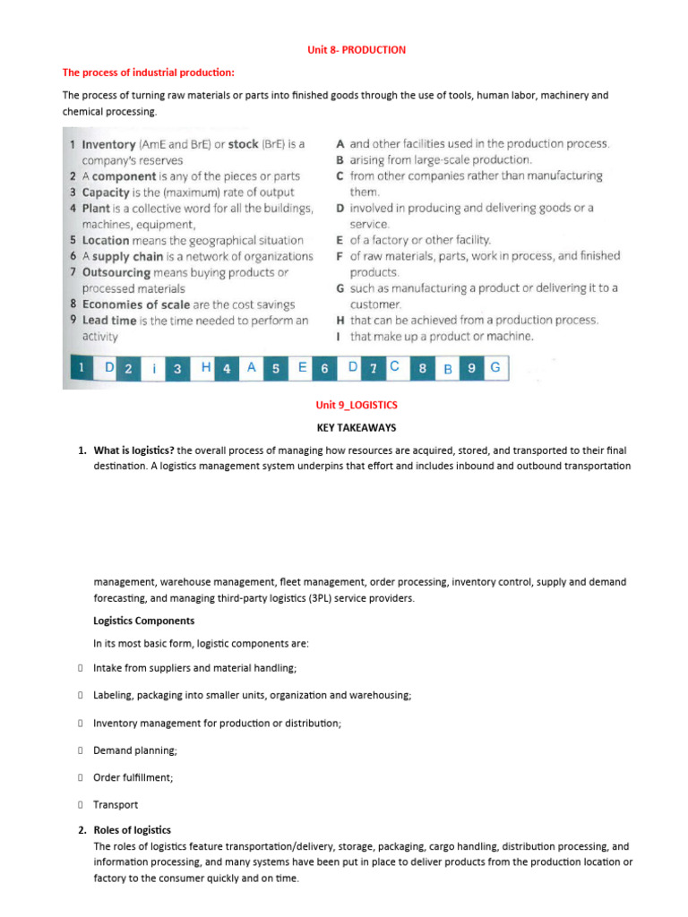 Unit 9 - Key Takeaways | PDF | Logistics | Warehouse