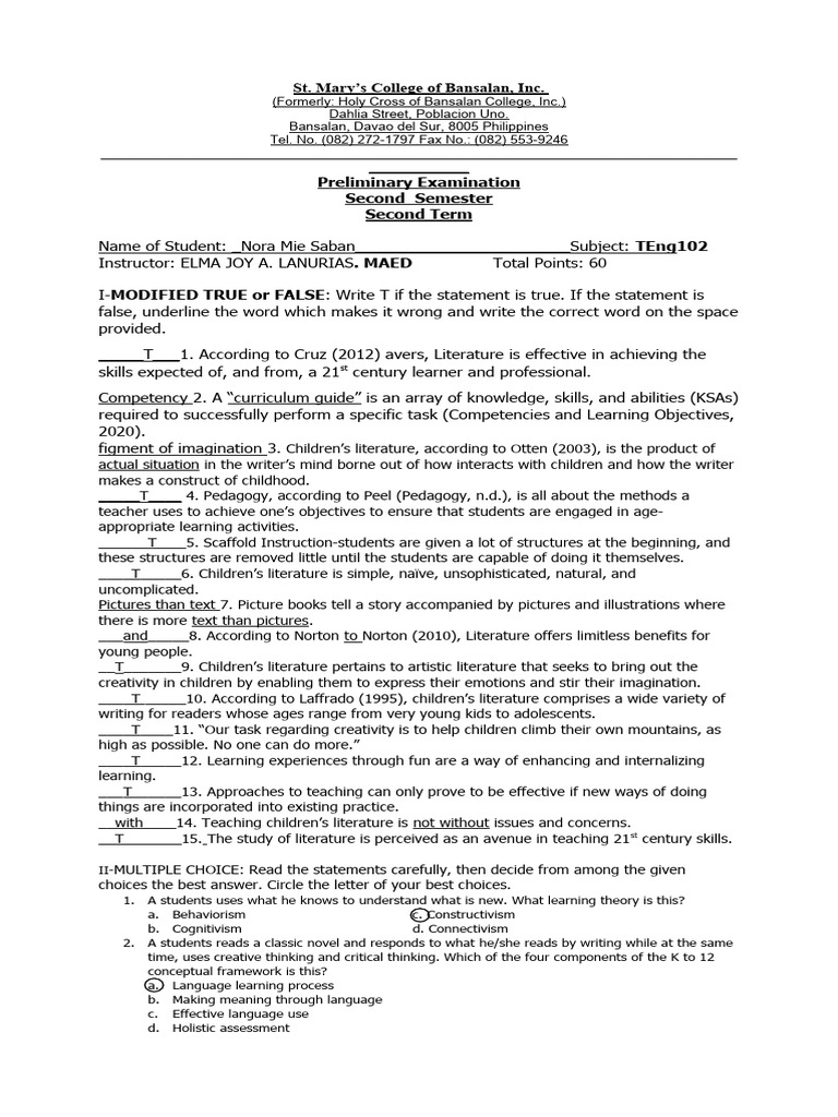 102 Prelim ExamTENGexam | PDF | Learning | Creativity