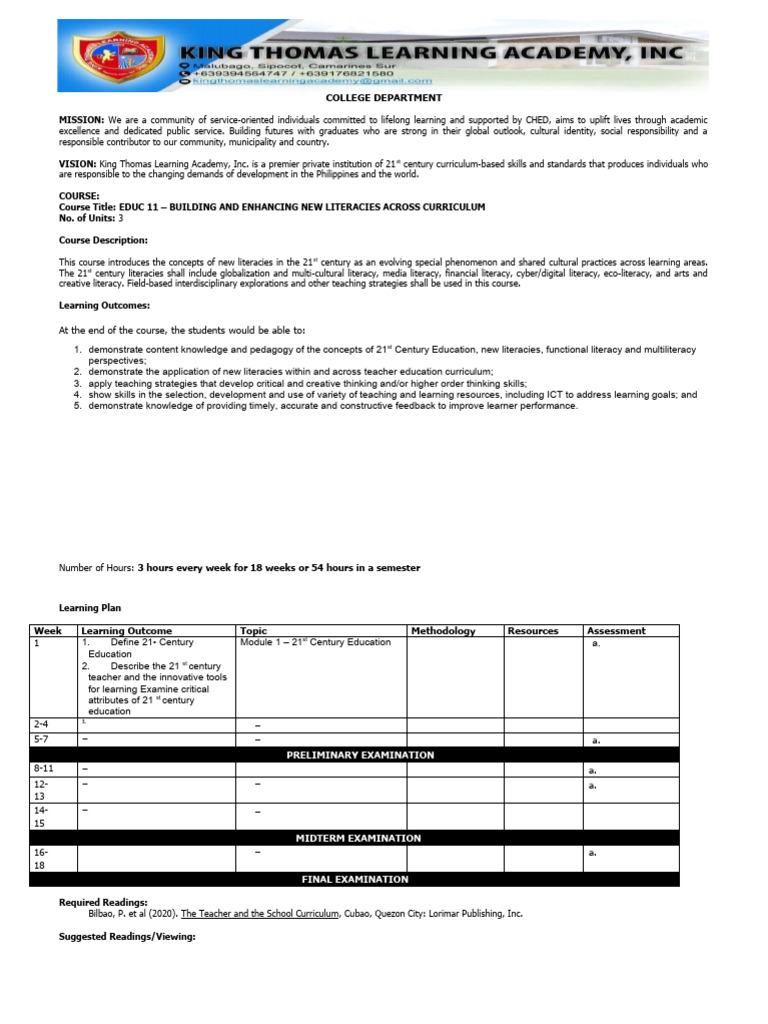 EDUC 11 Syllabus | PDF | Literacy | Learning