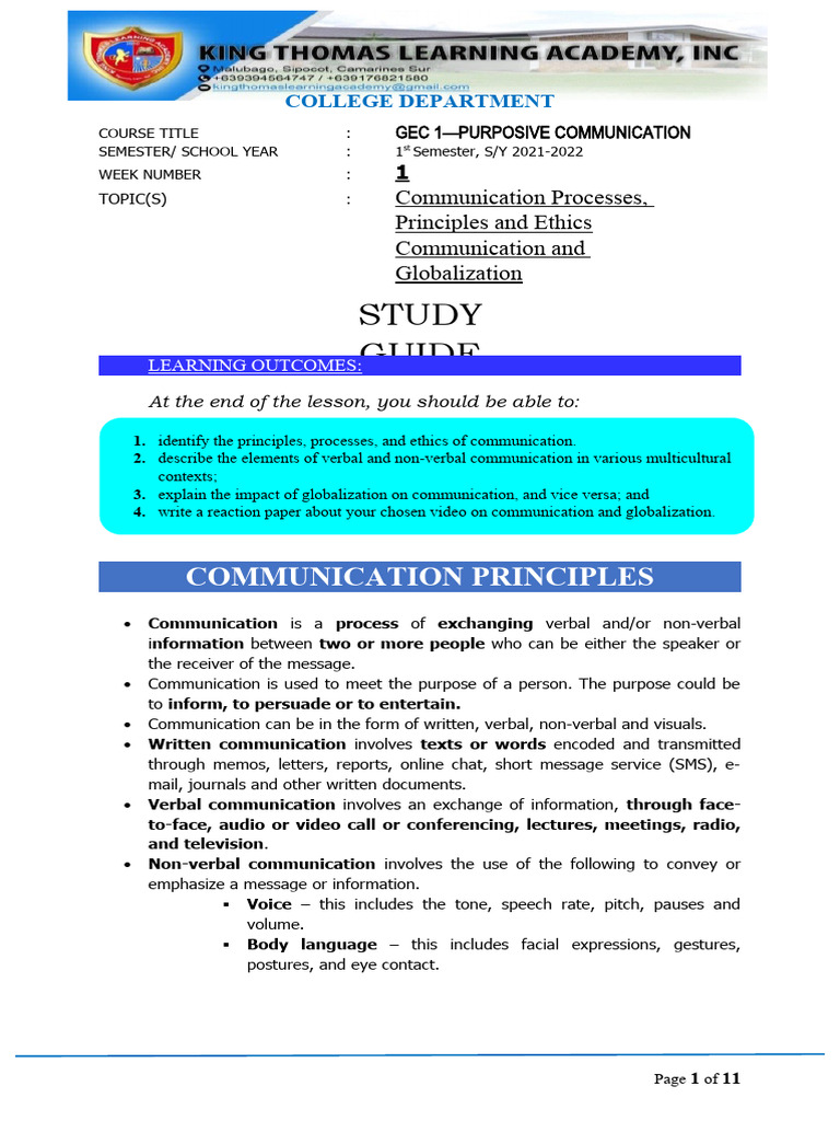 Week 1-Study Guide | PDF | Communication | Nonverbal Communication