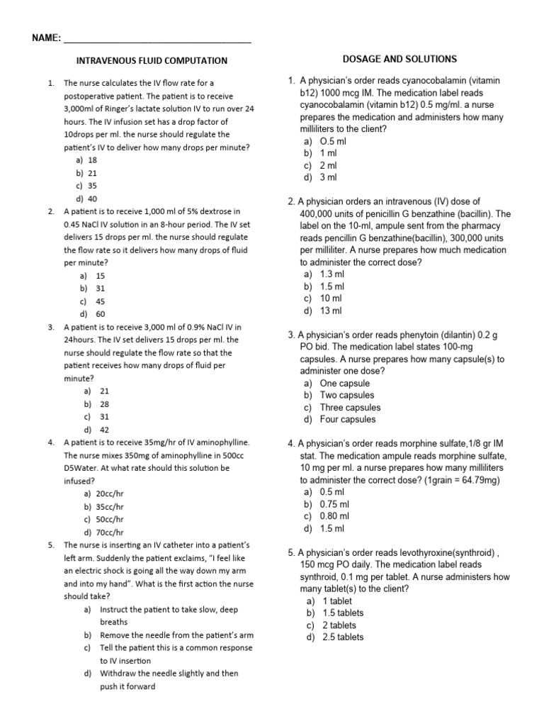 IV Fluids and Dosage and Solution Quiz | PDF | Intravenous Therapy ...