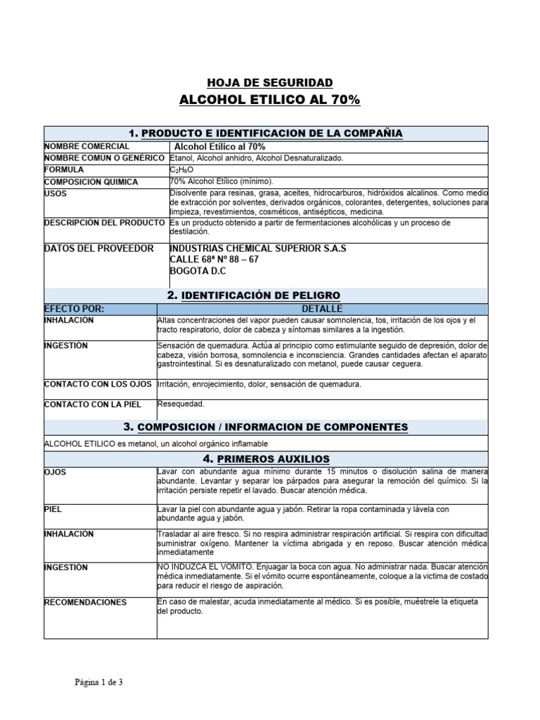 Hoja de Seguridad Alcohol Etilico Al 70% | PDF | Etanol | Agua