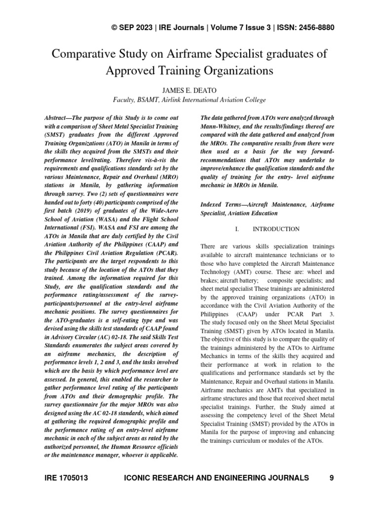 Comparative Study On Airframe Specialist Graduates of Approved Training ...