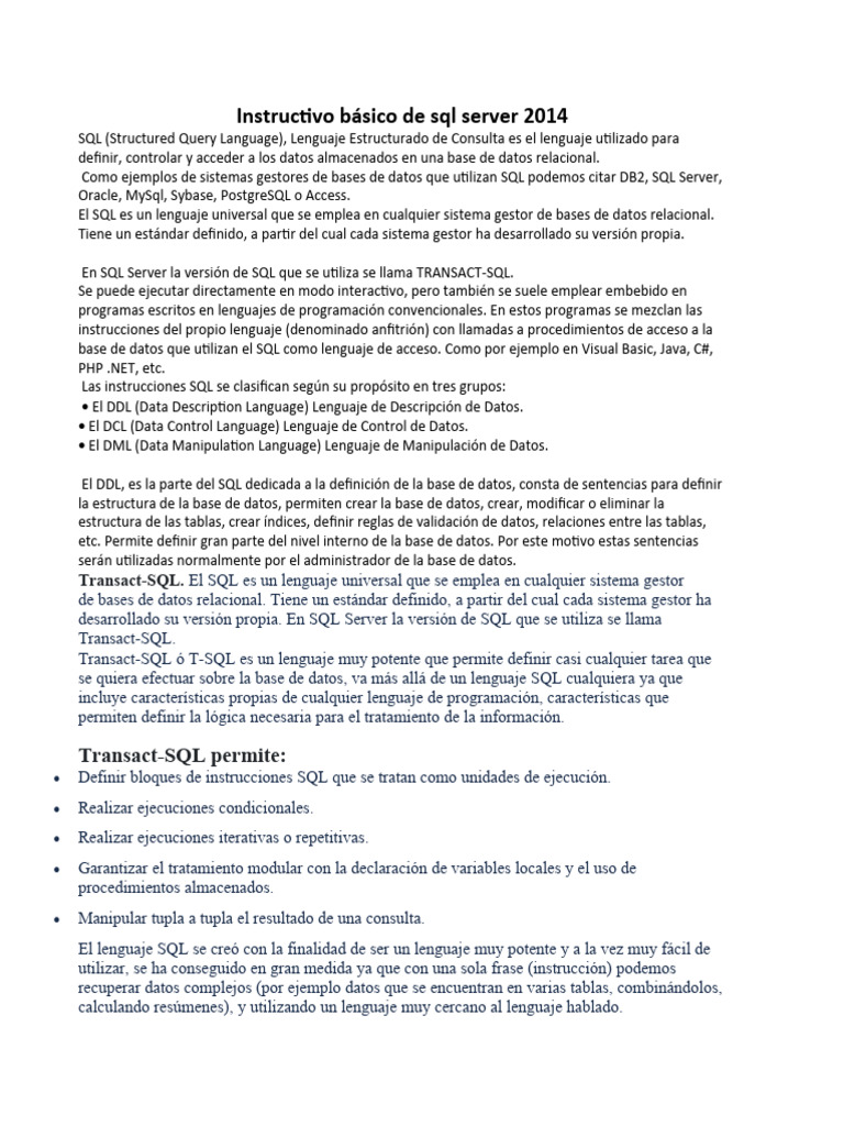 Instructivo Básico De Sql Server 2014 Pdf Sql Servidor Sql De Microsoft