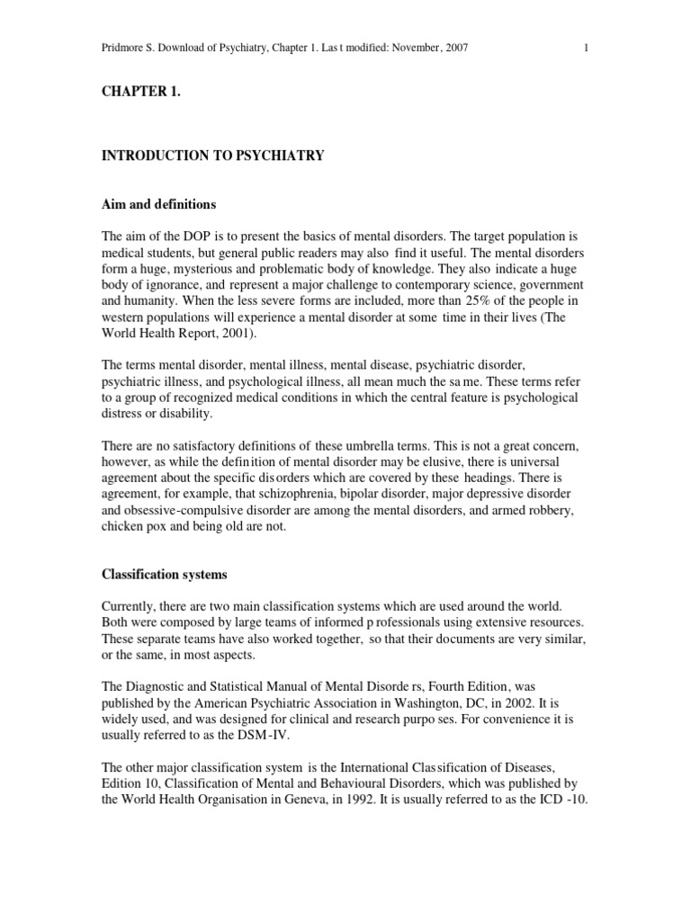 Chapter 1 Introduction To Psychiatry | PDF | Psychotherapy | Mental ...