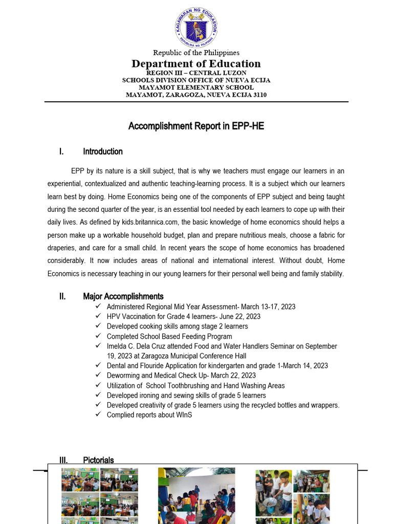 MES-EPP-HE-accomplishment-report-2023 | PDF | Cognition | Behavior Modification