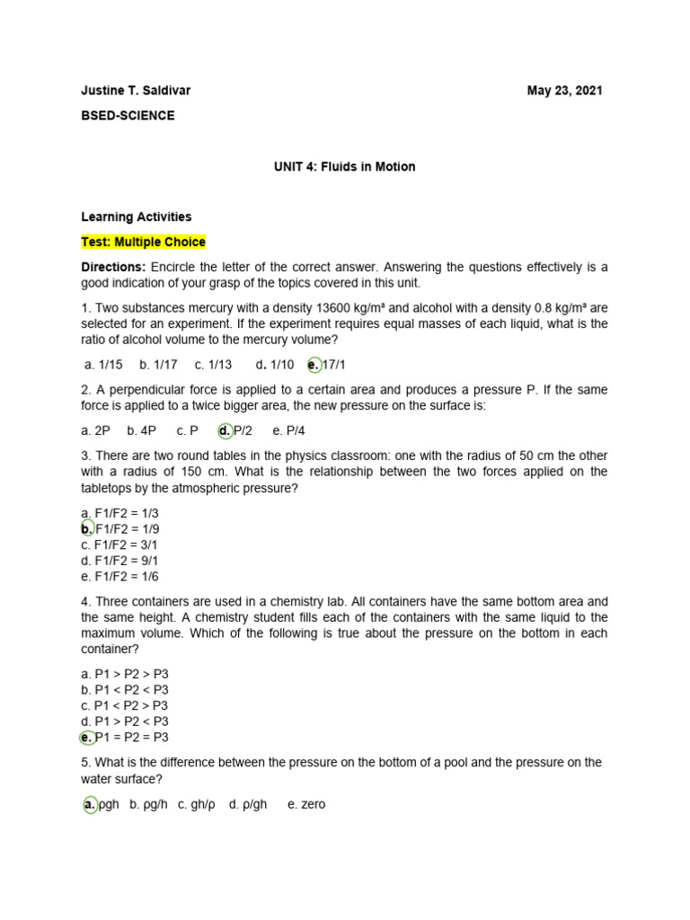 Fluid Mechanics - Unit 4 - Justine T. Saldivar | PDF | Buoyancy | Pressure