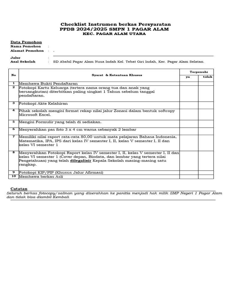 Checklist Pemberkasan Persyaratan PPDB 2024-2025 SMPN 1 PAGAR ALAM | PDF