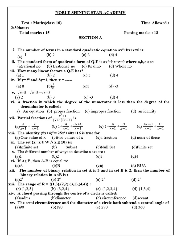 Class 10 Maths Test Questions | PDF | Circle | Quadratic Equation