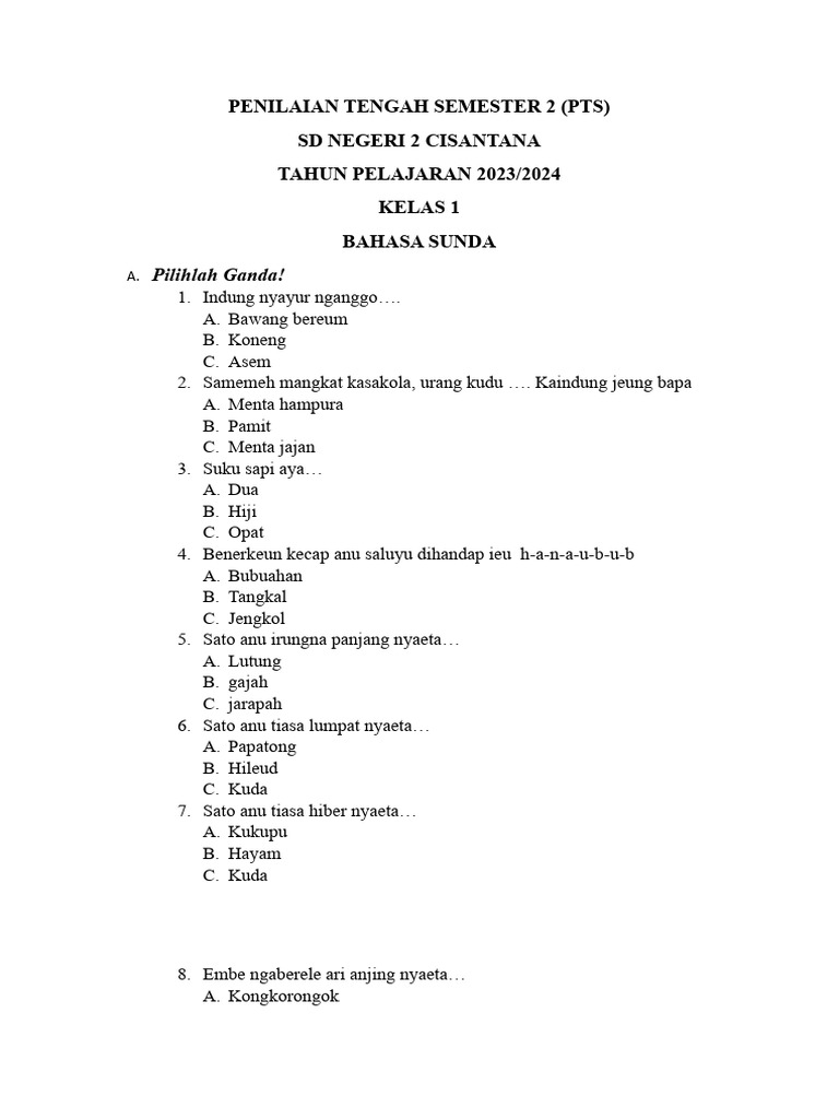 Soal Penilaian Tengah Semester 2 Kelas 1 Bahasa Sunda | PDF