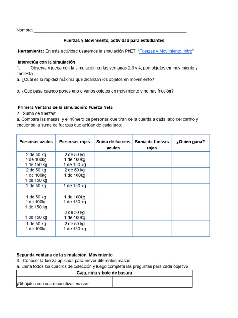 Hoja de Trabajo-Fuerzas y Movimiento | PDF | Fuerza | Fricción
