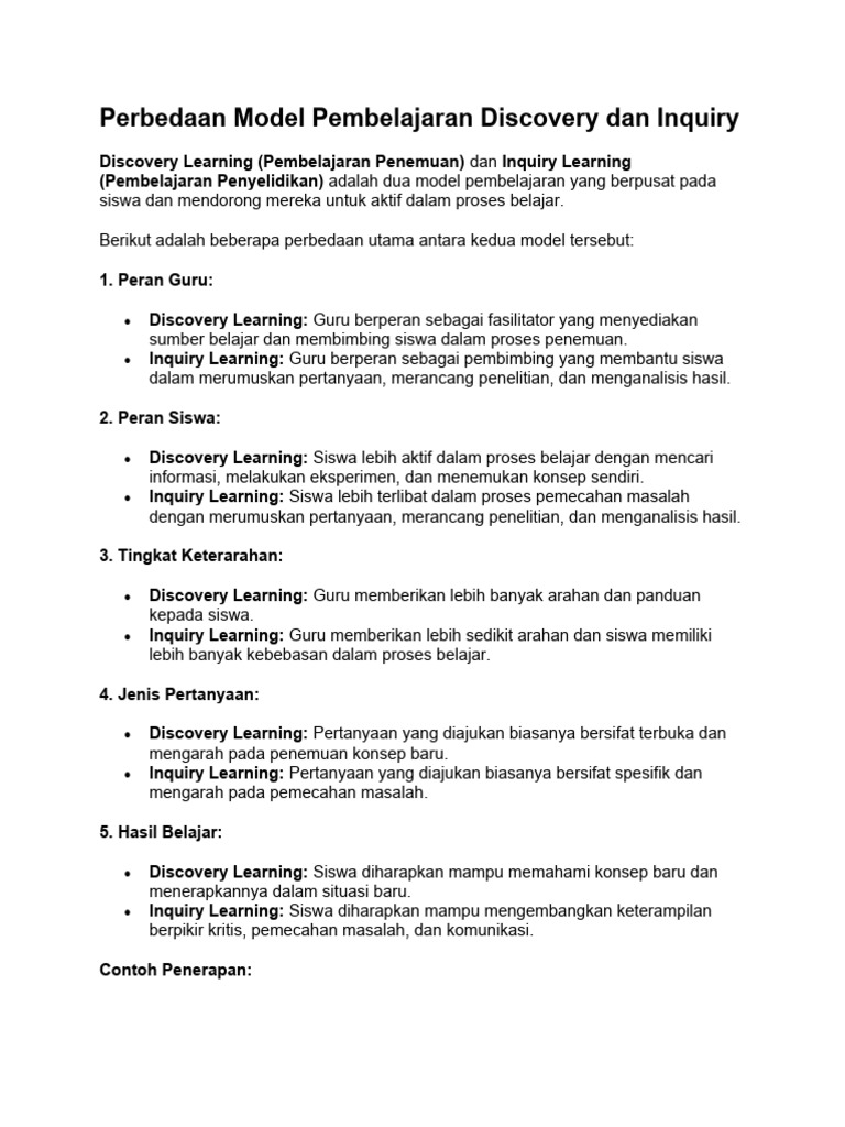 Perbedaan Model Pembelajaran Discovery Dan Inquiry | PDF