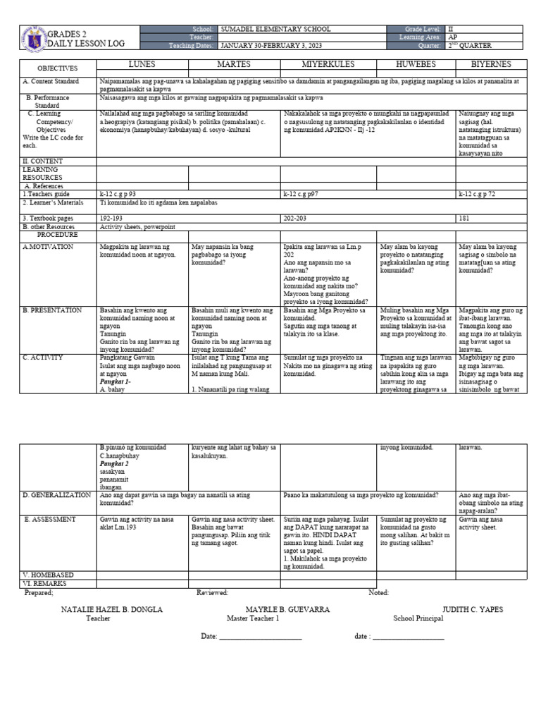 Grades 2 Daily Lesson Log Lunes Martes Miyerkules Huwebes Biyernes | PDF