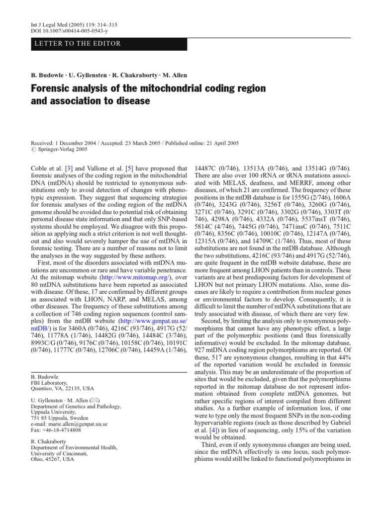 Forensic Analysis of The Mitochondrial Coding Region | PDF