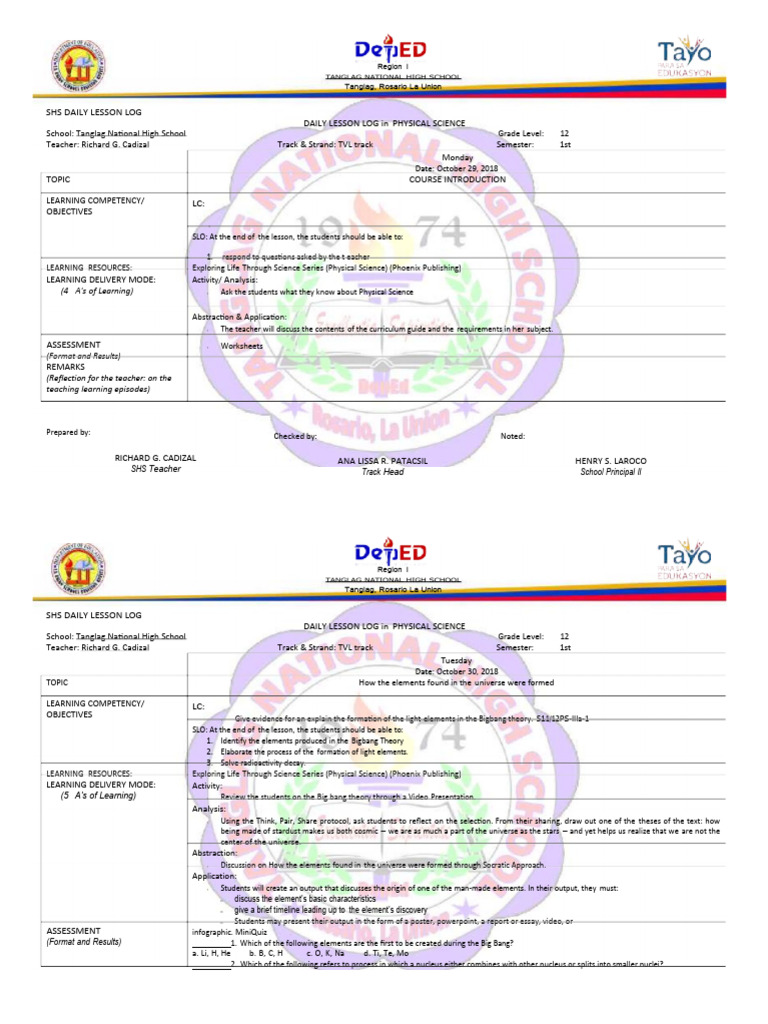 Shs Daily Lesson Log Physical Science | PDF | Radioactive Decay ...