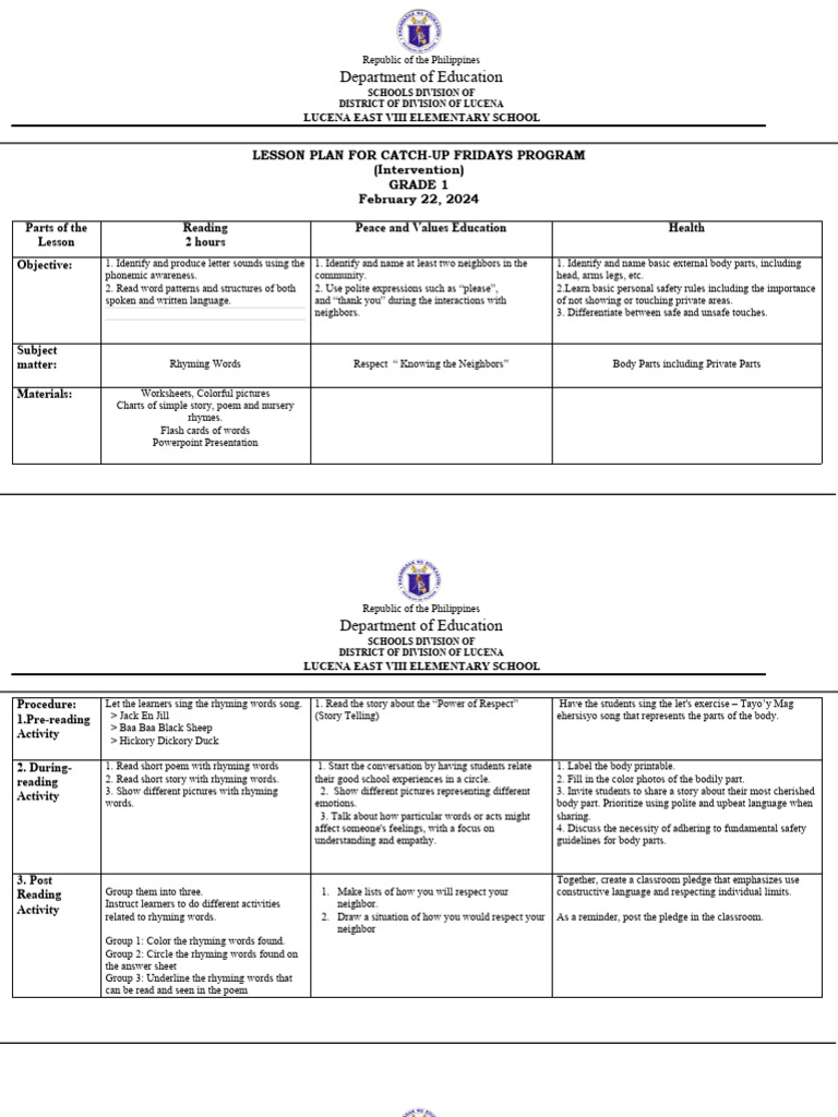 Catch Up Lesson February 222024 Grade 1 Final 1 | PDF | Learning | Cognition