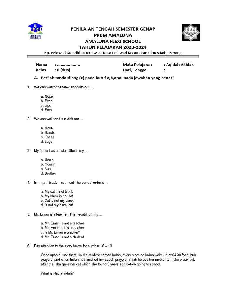 Soal PTS B. Inggris Kelas 4 Afs. DONE | PDF | Animals And Humans