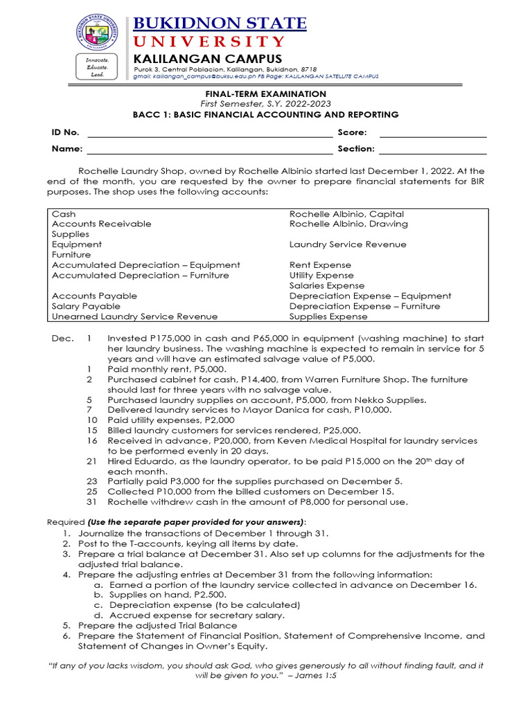 FINAL Exam BACC 1 Answer Sheet | Download Free PDF | Expense | Depreciation