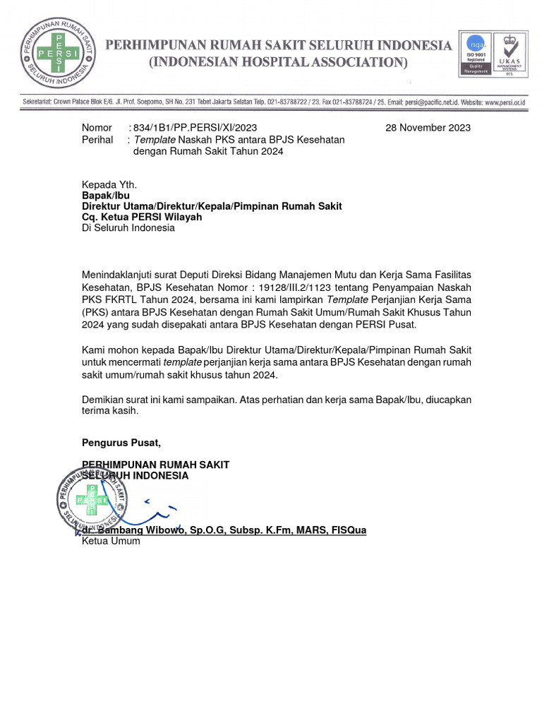 Surat Pengantar Ke Dir RS - Template Naskah PKS BPJS Kes Dengan RS | PDF