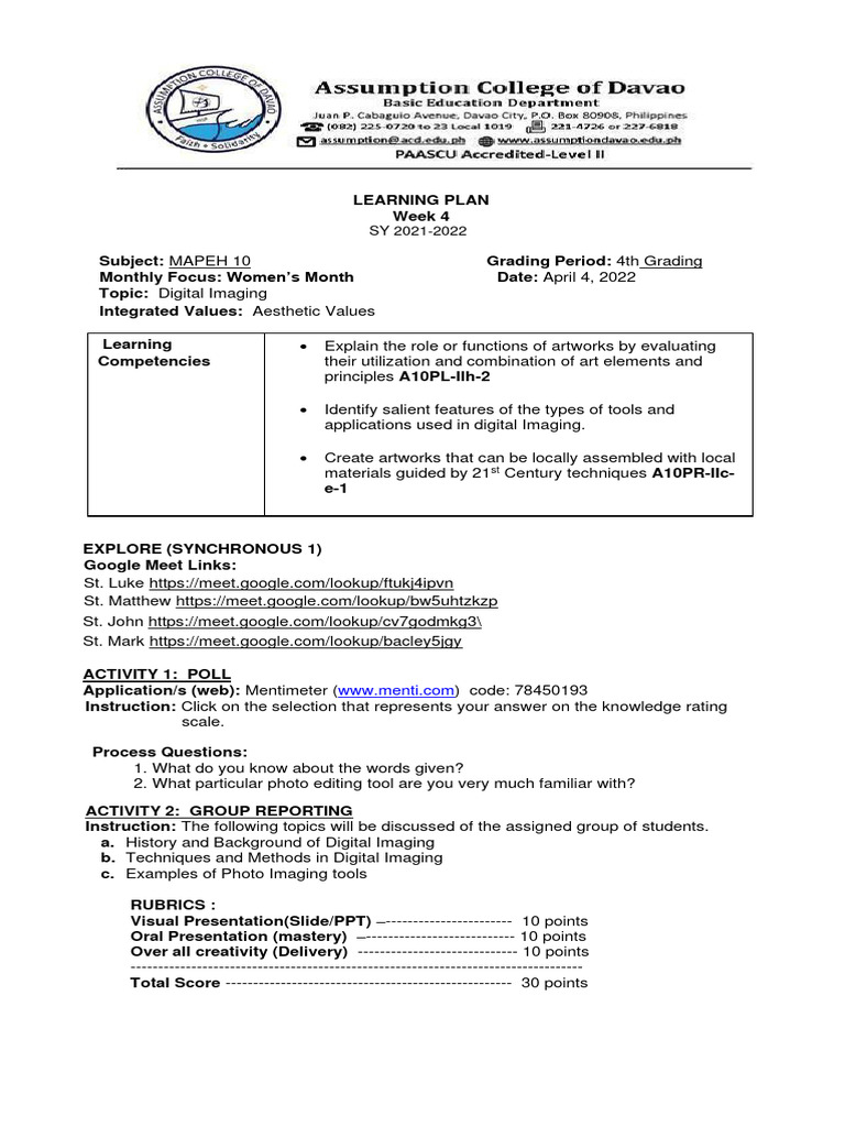LP - Arts 10 - Lesson 04 | PDF | Learning | Cognition