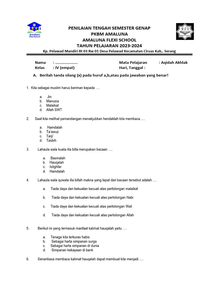 Penilaian Akidah Kelas IV Amaluna | PDF