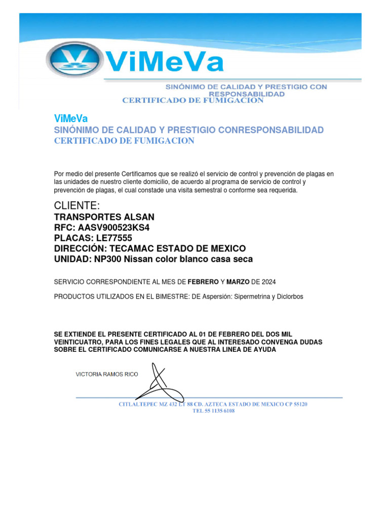 Vimeva Certificado Placas Alsan | PDF