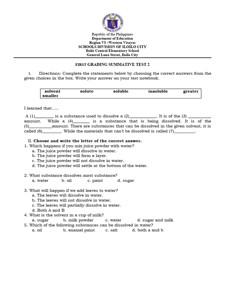 1st Quarter Summative Test 2 | PDF | Solubility | Chemistry